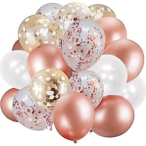 60 Pack Rose Gold Balloons + White Balloons + Confetti Balloons w/Ribbon | Rosegold Balloons for Parties | Bridal & Baby Shower Balloon Decorations | Latex Party Balloons | Graduation and Engagement
