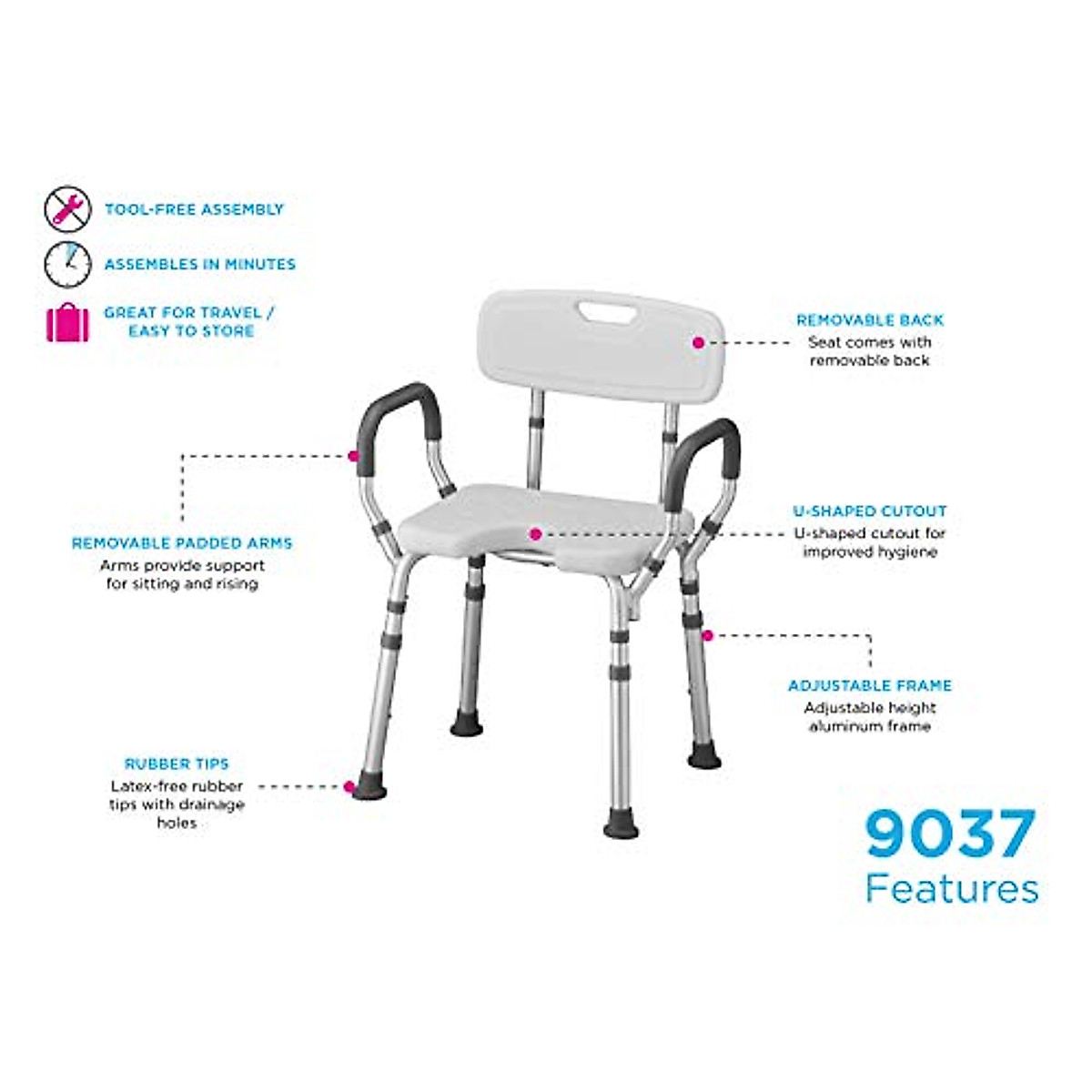 NOVA Medical Products Shower & Bath Chair with Back & Arms & Hygienic Design, White, 1 Count