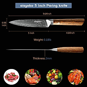 aisyoko Paring knife 5 inch sharp fruit utility knife-Japanese VG-10 super steel 67 layer Damascus steel knife-for carving and peeling-luxury gift box with color wooden handle-with scabbard