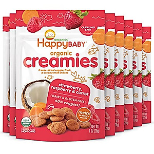 Happy Creamies Family Baby Organic Creamies Freeze-Dried Veggie & Fruit Snacks with Coconut Milk Strawberry Raspberry & Carrot, 1 Ounce (Pack of 8)