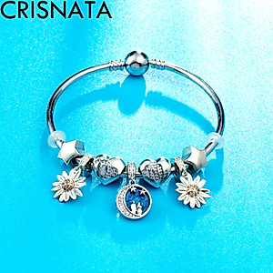 I Love You to the Moon and Back Pendant Charms, Fit Pandora Valentines Bracelet, 925 Sterling Silver Couple on Starry Night Sky CZ Necklace Beads, Gift for First Mothers Day