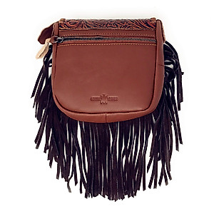 Texas West Western Genuine Leather Tooled Horse Fringe Women's Crossbody Bag in 2 colors (Brown)