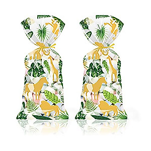 UEMIS 60Pack Jungle Animal Cellophane Treat Bags, Green Gold Safari Animal Palm Leaves Plastic Candy Goodie Bags with Gold Twist Ties for Wedding Wild One Safari Baby Shower Birthday Party Favors (Jungle Animals)