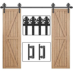 WINSOON 8FT Wood Double Sliding Barn Door Hardware Basic Black Big Spoke Wheel Roller Kit with 2PCS 12 Inch Sliding Barn Door Handles Black Hardware with Pull and Flush Barn Door Handle Set