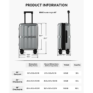 LUGGEX PC Silver Carry On Luggage 22x14x9 Airline Approved with Spinner Wheels - Hard Shell Expandable Suitcase