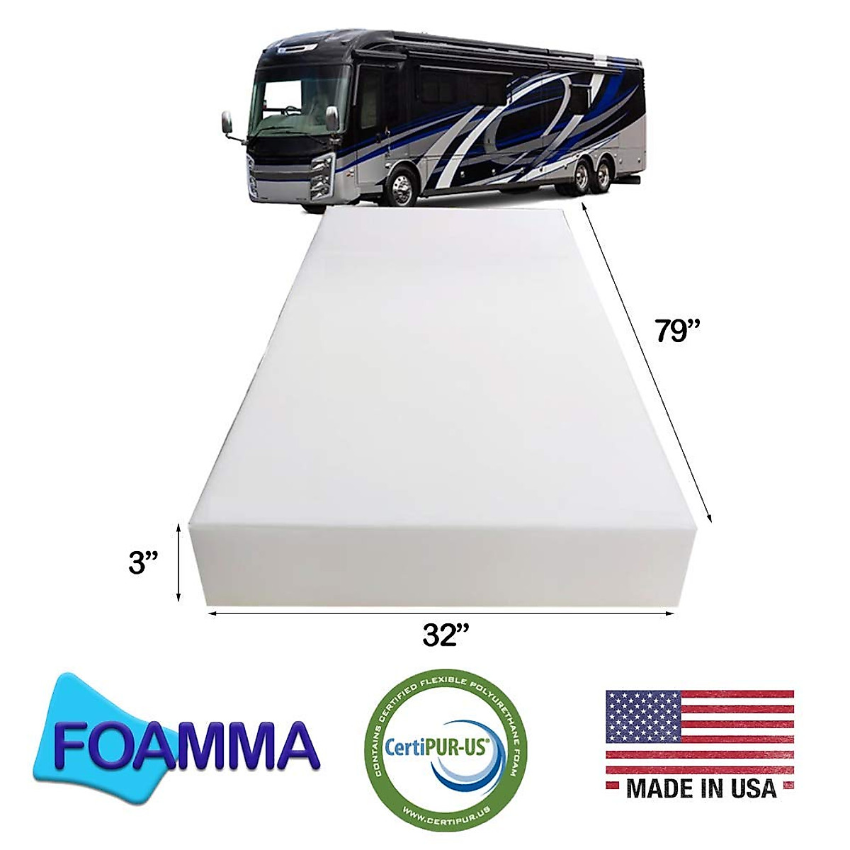 Foamma 3” x 32” x 79” Truck, Camper, RV High-Density Bunk Mattress Foam Replacement, Made in USA, Comfortable, Travel Trailer, CertiPUR-US Certified, Cover Not Included