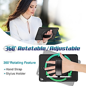 SEYMAC stock Case for iPad 9th/ 8th/ 7th Generation 10.2 Inch 2021/2020/ 2019, Full-Body Case with 360 Rotating Stand & Hand Strap [Pen Holder] [Screen Protector] - Black