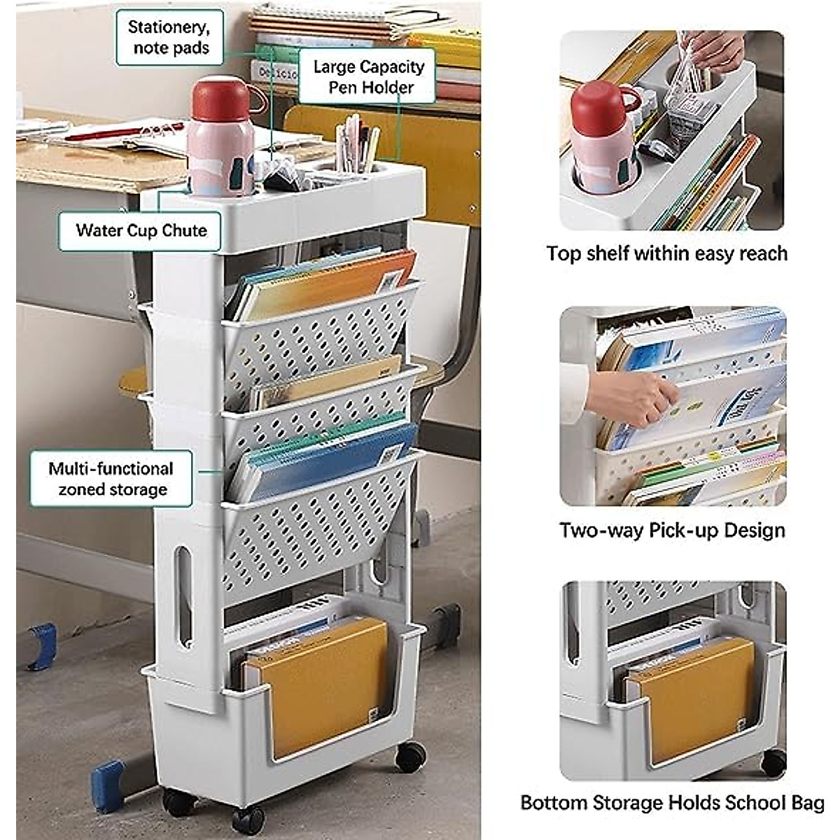 Removable Bookshelf with Wheels, Multi-Functional Large-Capacity Organization Rack, Compact Rotatable and Detachable Rolling Book Cart, Space-Saving Shelf.