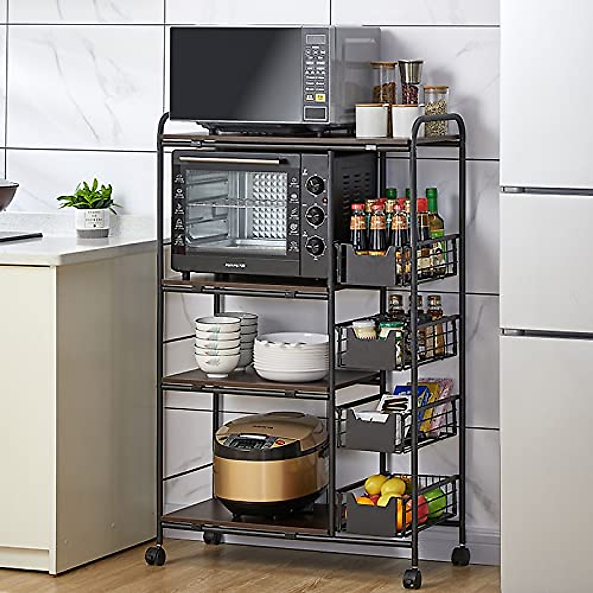 Home Multifunctional Storage Shelf with Lockable Wheels, 4 Tier Shelf+4 Tier Pull-out Storage Unit Materials Storage Rack Anti-collision Kitchen Organizer Rack for Bread, Kitchenware, Microwave