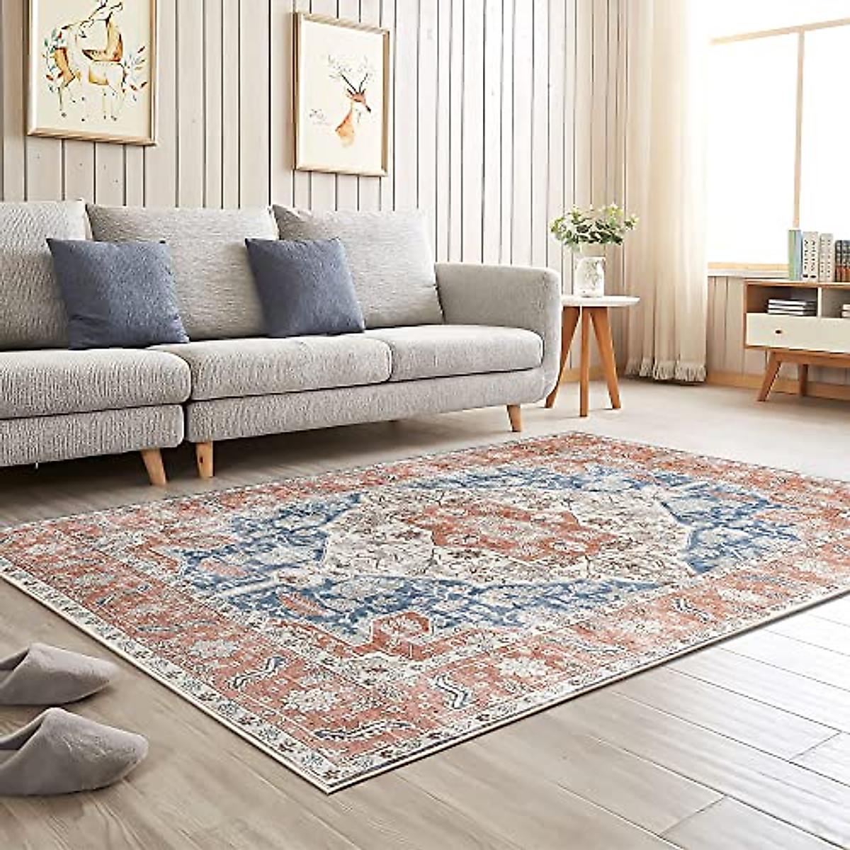 Pajata Red and Blue Vintage 5X7 Area Rug Oriental and Bohemian Carpet for Bedroom Kitchen and Living Room Non-Shedding and Easy-Cleaning
