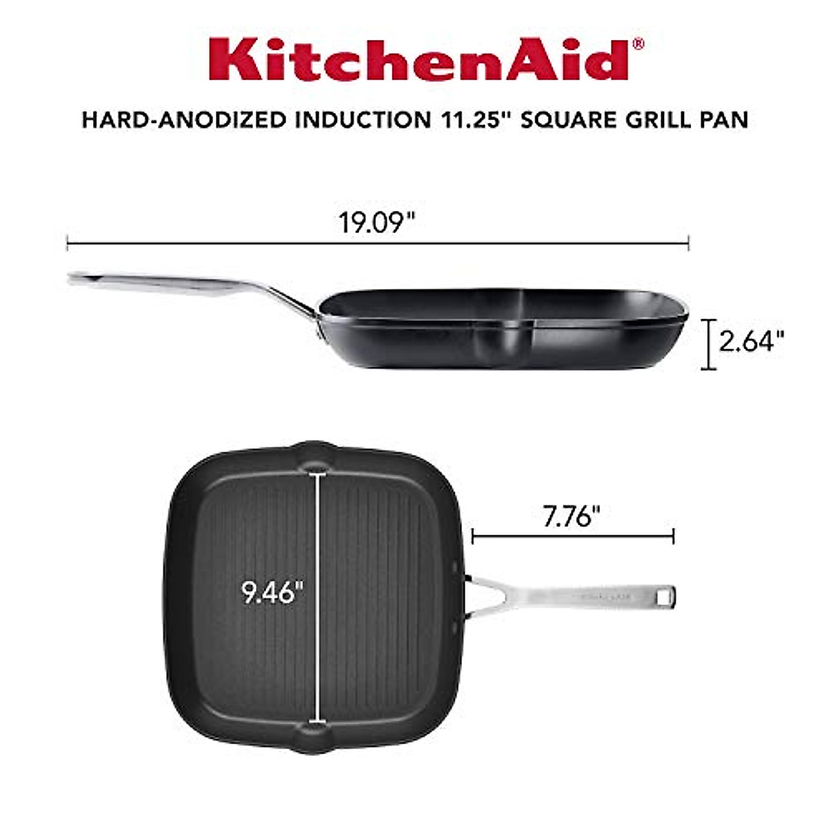 KitchenAid Hard Anodized Induction Nonstick Square Grill Pan/Griddle with Pouring Spouts, 11.25 Inch, Matte Black