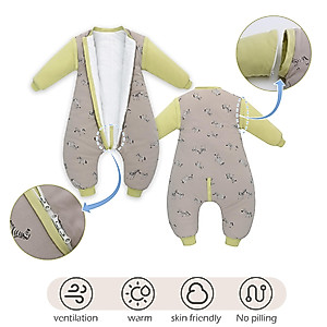 LAT Baby Sleep Bag with Feet Winter, Wearable Blanket with Legs, Warm Sack for Toddler Thicken 2.5 TOG-Sleepsuit Removable Sleeves,0-4T(Gray+Green Zebra,S)