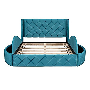 HBRR Queen Size Storage Bed Frame, Velvet Upholstered Platform Bed with Wingback Headboard, 1 Big Drawer and 2 Side Storage Stool, No Box Spring Needed, Easy Assembly, Blue
