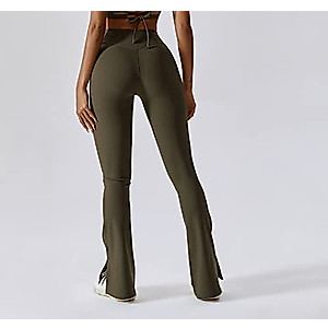 ABOCIW Women Ribbed Seamless Slit Hem Flared Leggings High Waist Bootcut Yoga Pants Tummy Control Workout Bootleg Pants Dark Green Medium