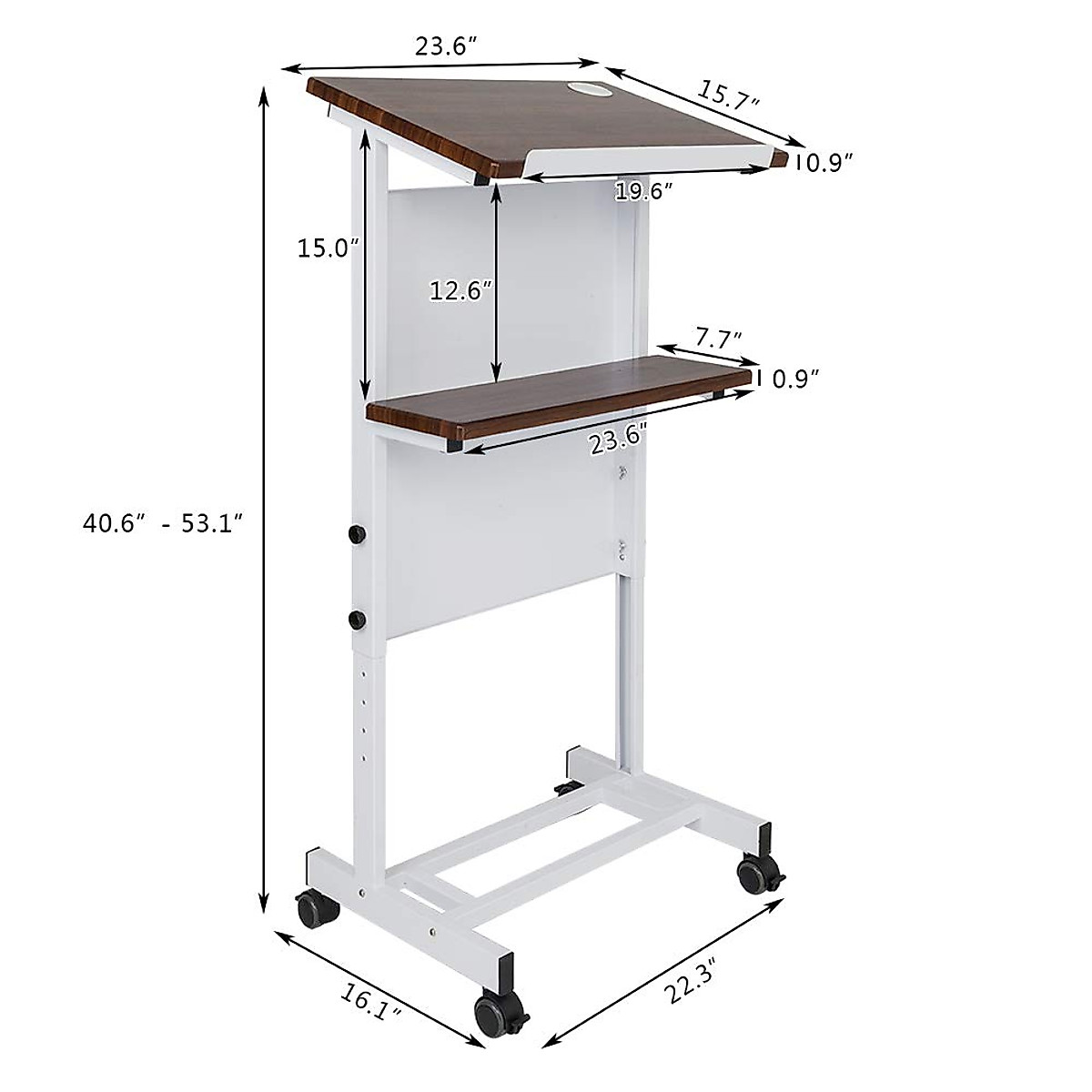 Bonnlo Mobile Stand Up Lectern Podium with Wheels, Portable Heavy Duty Desk, Height Adjustable Church Pulpit or Ceremony, Classroom Lecture Speech Teach Platform, Walnut Tabletop and White Steel Frame