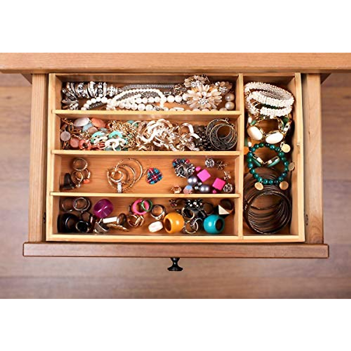 Bamboo Organizer 2 Piece Set – 8 and 5 Compartment Expandable Makeup Drawer - Drawer Dividers Organizer - Adjustable Drawer Holder for Kitchen, Silverware, Flatware, Living Room and Utensils (Natural)