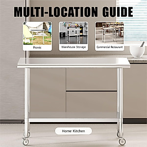 Food Prep Stainless Steel Table, Commercial Workbench with Caster Wheel, Heavy Duty Food Prep Worktable for Restaurant, Home and Hotel, Sliver (24" x 48" x 35")