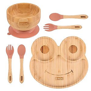 6PCS Bamboo Baby Feeding Set, Baby Suction Bowl & Plate with Silicone Spoons & Forks, Wooden Feeding Supplies for Infant & Toddlers, Baby Led Weaning Supplies Non Slip & BPA Free (Orange-Frog)