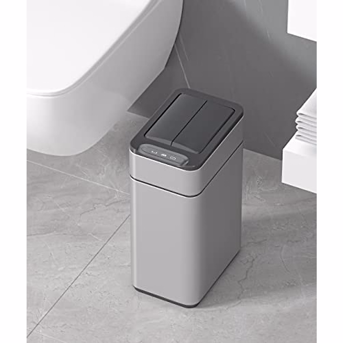 ELPHECO Bathroom Trash Can with Lid, 2.5 Gallon Automatic Trash Can, 9.5 L Stainless Steel Kitchen Trash Can, Motion Sensor Trash Can, Butterfly Lid, 2 AA Batteries (Excluded), Silver