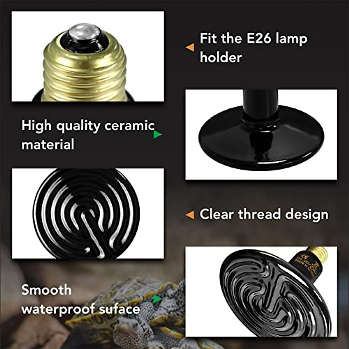 Simple Deluxe 250W Reptile Ceramic Heat Lamp Bulb Warm Emitter Brooder Coop Heater for Amphibian Pet & Incubating Chicken No Light Emitting, Snake/Lizard/Spider, 2-Pack