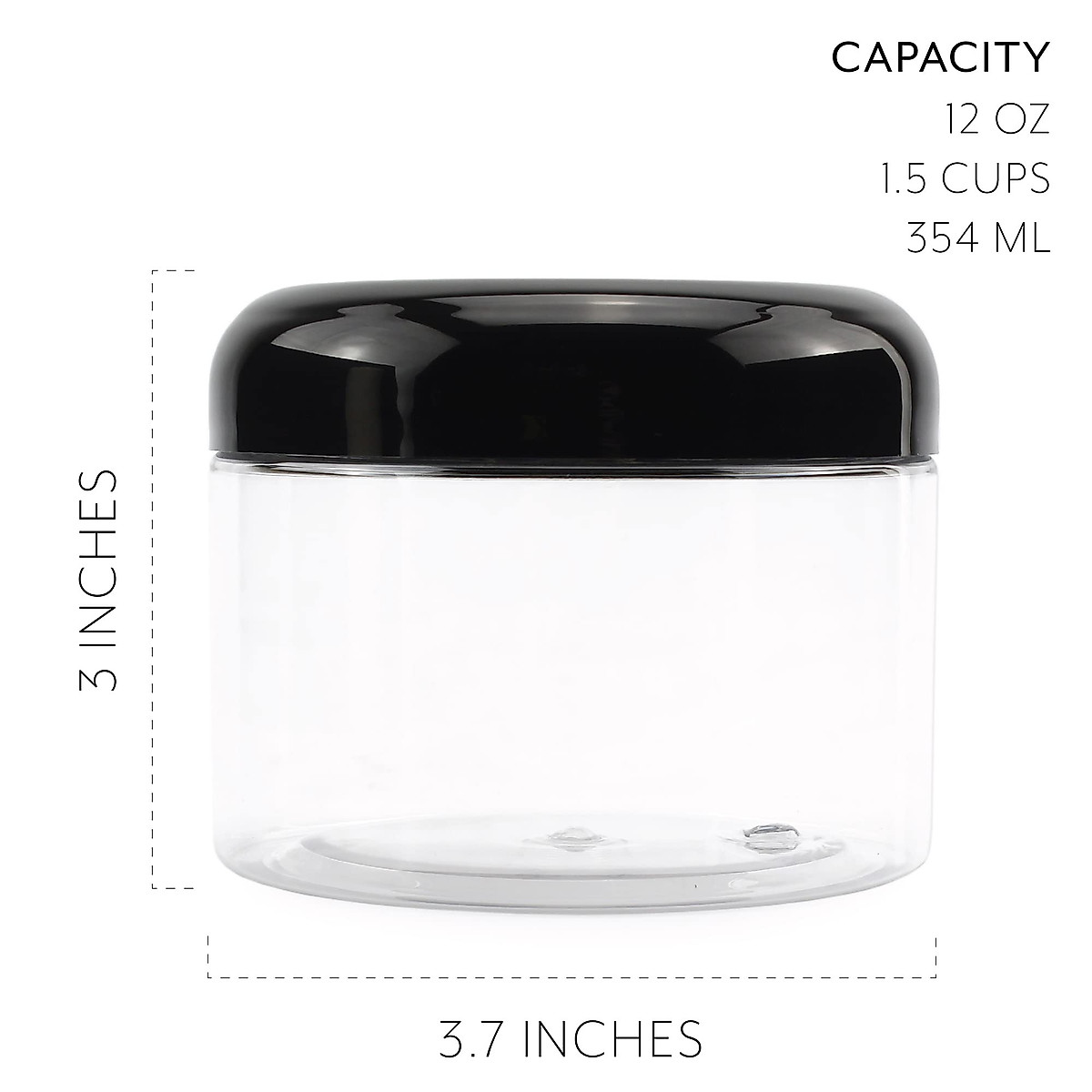 Cornucopia 12 Ounce Clear Plastic Jars w/Black Plastic Lids (6 pack); BPA Free PET Stackable Canisters for Bathroom & Kitchen Storage