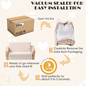 SUFUS Baby Toddler Sofa Couch for Kids Extra Wide 2-in-1 Toddler Sherpa Fold Out Couch Bed for Playroom, Pull Out Children Convertible Sofa to Lounger for Boys & Girls with Double Pockets, Khaki-Cream