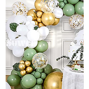 SUWEN 157PCS DIY Olive Green Balloon Arch Garland Kit Lime Green Gold Metallic White Latex Balloon Decorations for Birthday Baby Shower Party Decor