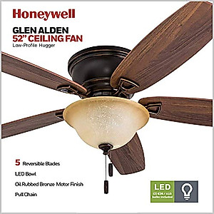 Honeywell Ceiling Fans Glen Alden, 52 Inch Classic Flush Mount Indoor LED Ceiling Fan with Light, Pull Chain, Quick-2-Hang Dual Finish Blades, Reversible Motor - 50517-01 (Oil Rubbed Bronze)