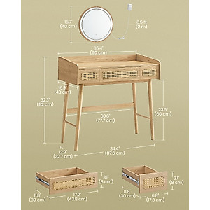 SONGMICS HOME BOHOVEN Collection - Vanity Desk with Mirror and Lights, Makeup Vanity with 3 Rattan-Like Drawers, Touch Control Light with 3 Color Hues, Dimmable, Boho Style, for Bedroom, Oak Beige