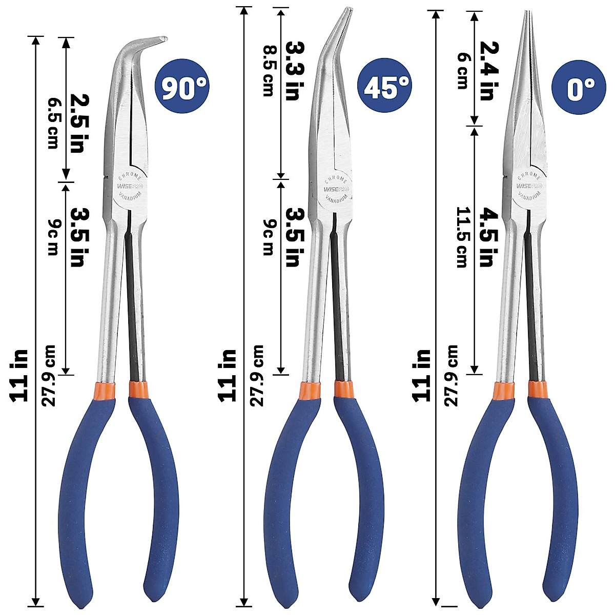 WISEPRO Long Reach 11inch/16inch Plier 3-Piece Set – 90-Degree Angle, 45-Degree Angle And Straight Needle Nose