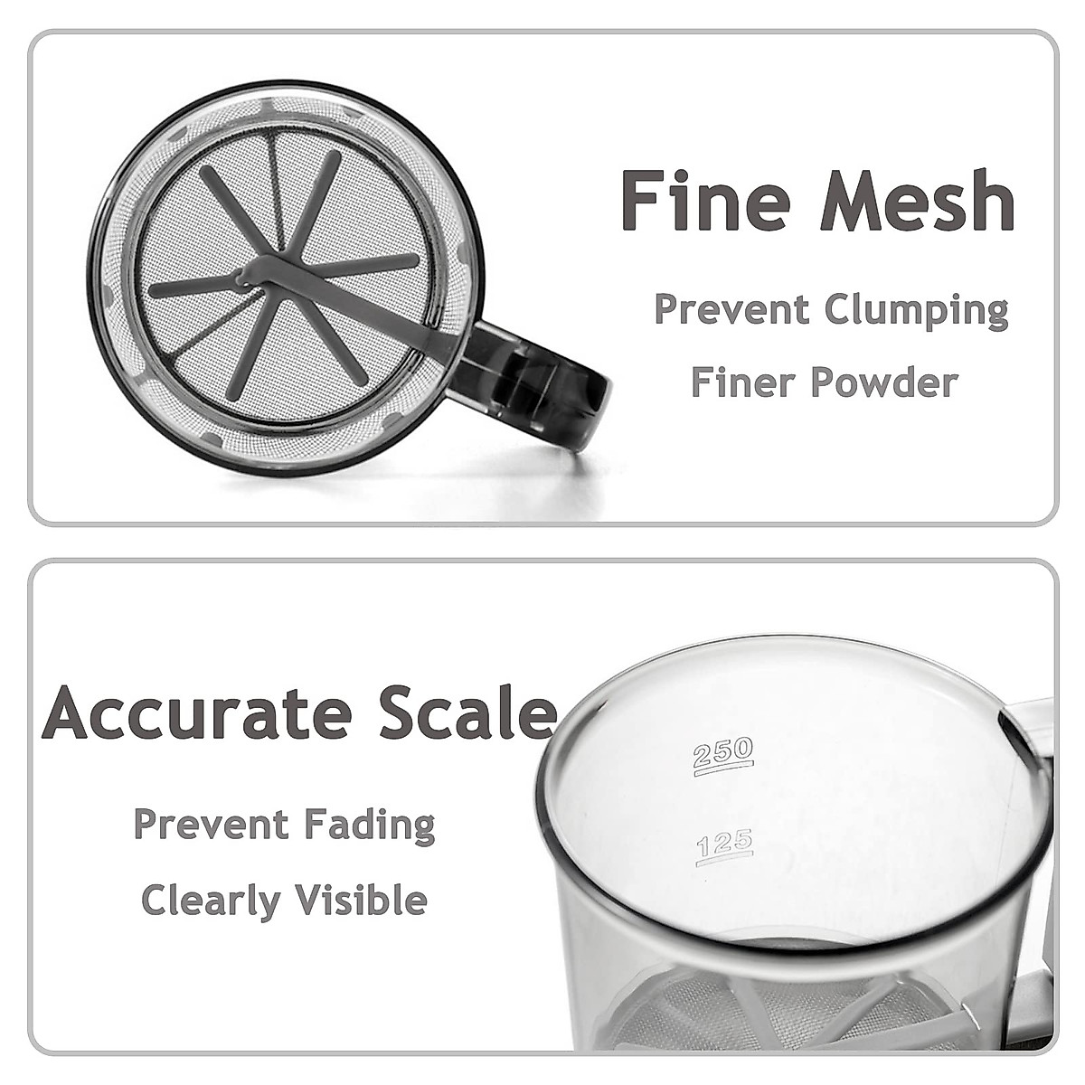 Flour Sifter for Baking, Flour Sifter, Fine Mesh with Hand Press Design, Portable Manual Sifter for Baking, Powdered Sugar, Flour, BPA Free, Gray