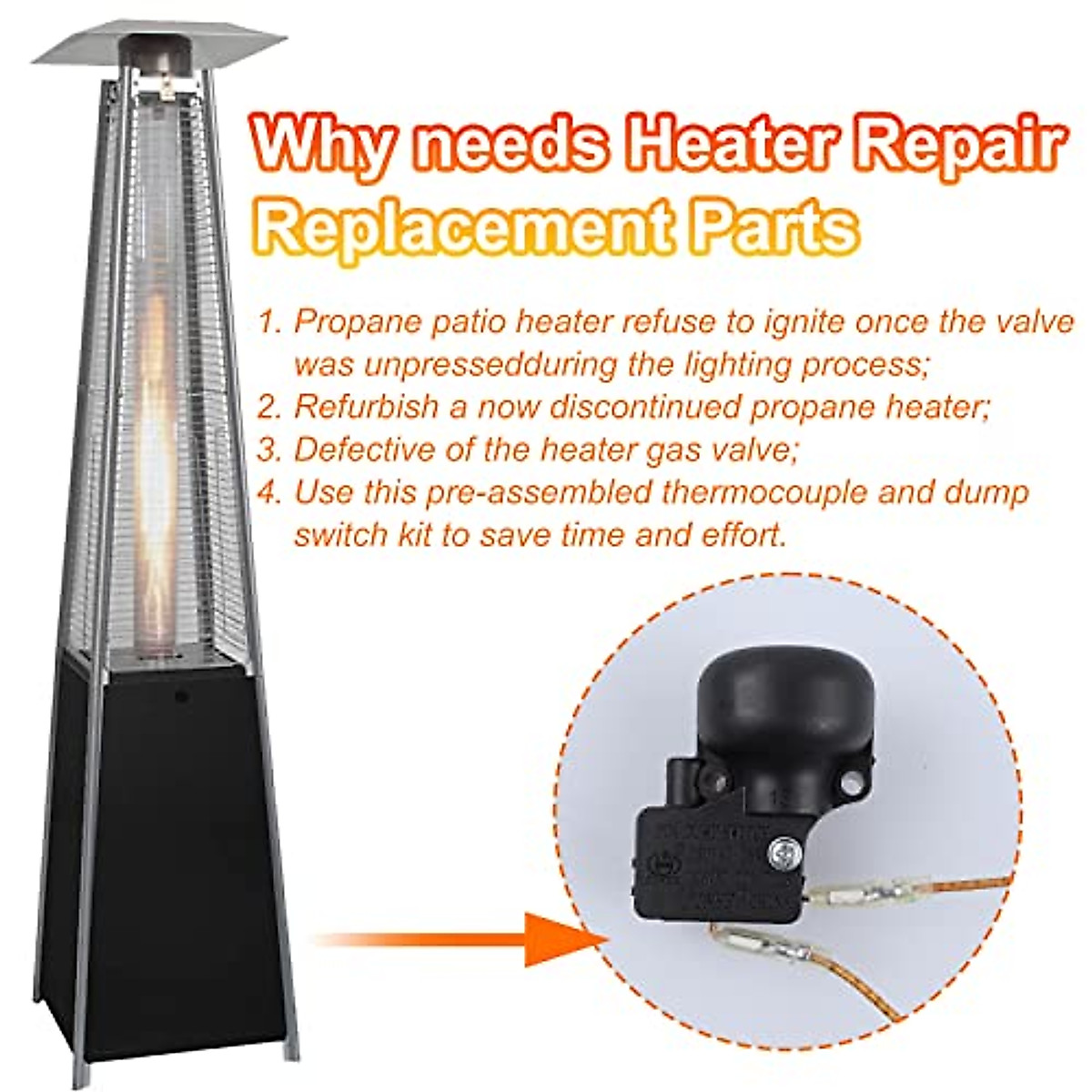 Propane Gas Patio Heater Repair Replacement Parts Thermocouple, Thermocouple & Dump Switch for Outdoor Patio Gas Heater, Propan Tower Gas Heater, Fire Sense Patio Heater, Standard Dome-Style Heater