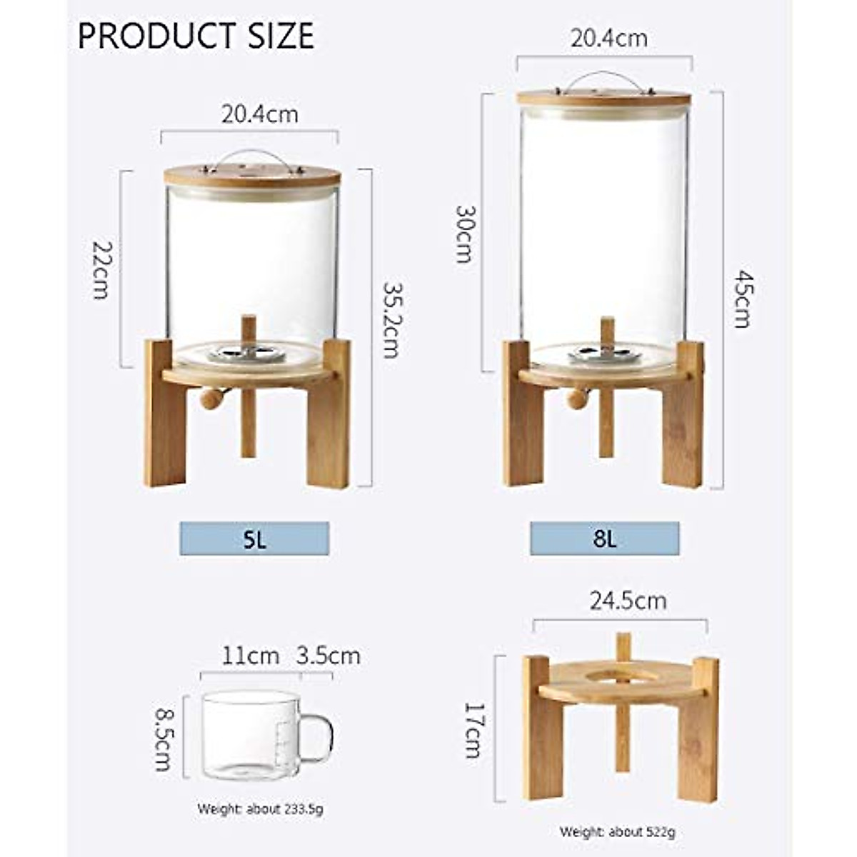 Flour and Cereal Container, Rice Dispenser 5L/8L, Creative Glass Food Storge Container for Kitchen Organization and Pantry Store, Airtight Lid and Wooden Stand5L