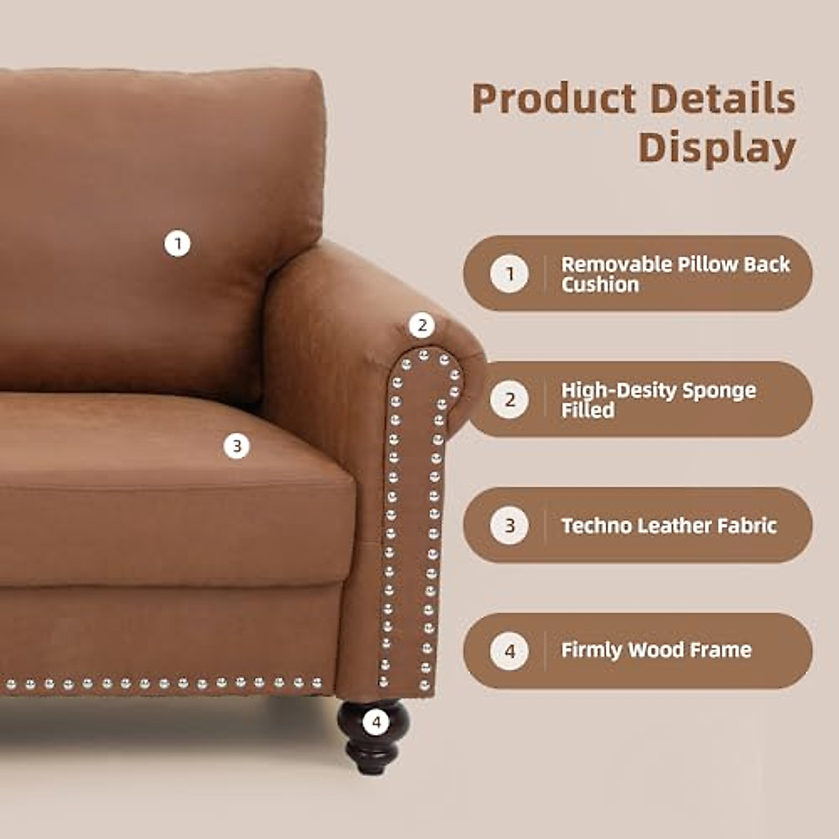 INMOZATA Leather Sofa Couch 80" Mid-Century Modern Sofa Wood Couches with with Nailhead Trim, Upholstery 3-Seater Sofa for Living Room, Apartment, Lounge Room,Light Brown