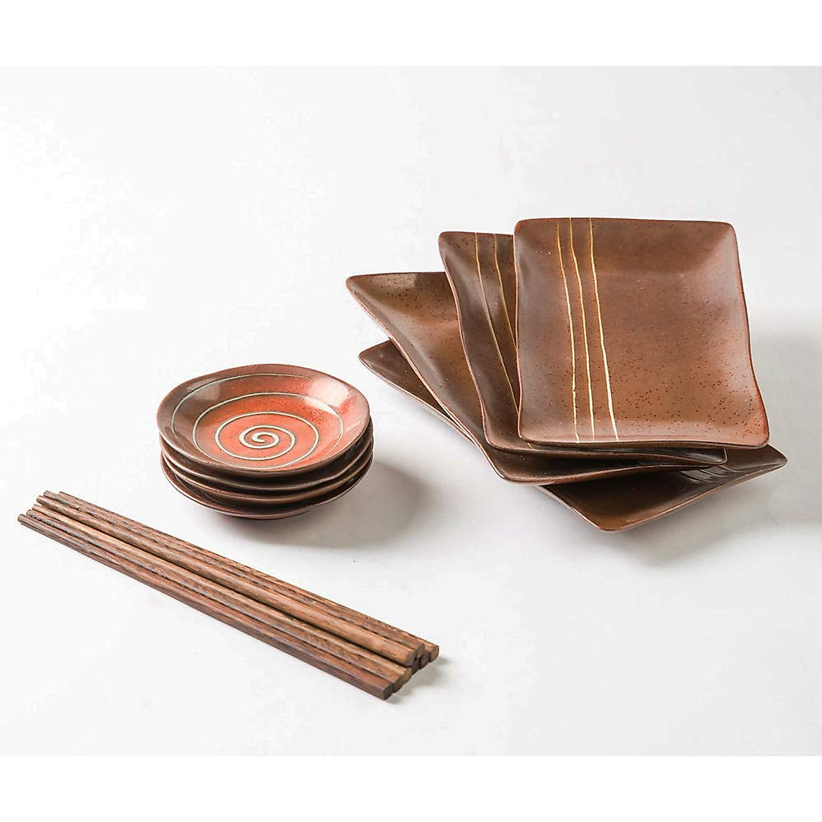 Pangu 12-Piece Japanese Style Sushi Plate Set, Dinnerware Set, Kage(Shadow), Brown, Service for 4