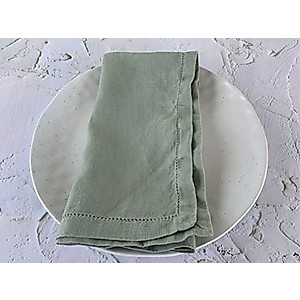 Hemstitched Linen Napkins – 20 Inch x 20 Inch – Stonewashed Pure Linen Cloth Dinner Napkins with Mitered Corners - 100% French Flax – Machine Washable - Set of 4 (Soft Sage Green)