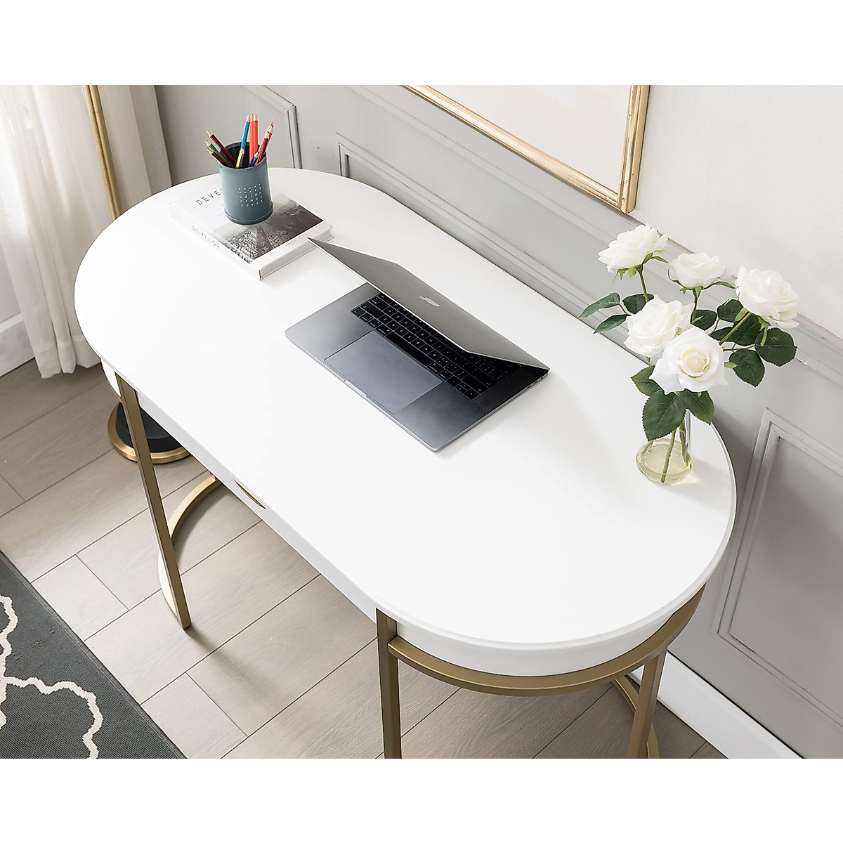 Leick Home 85405 Oval Metal Leg Desk with Drop Front Keyboard Drawer, Cottage White/Gold