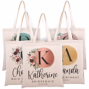 Generic Personalized Initial Tote Bag for Bridesmaid, Customize Brush Totes for Events, Bachelorette Party. Maid of Honor, Bridal Shower, Baby Shower, Custom Gift Bags for Christmas, Mother's Day Single, Beige
