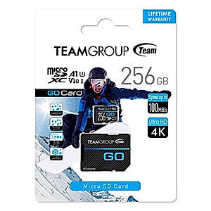 TEAMGROUP GO Card 256GB Micro SDXC UHS-I U3 V30 4K for GoPro & Drone & Action Cameras High Speed Flash Memory Card with Adapter for Outdoor, Sports, 4K Shooting, Nintendo-Switch TGUSDX256GU303