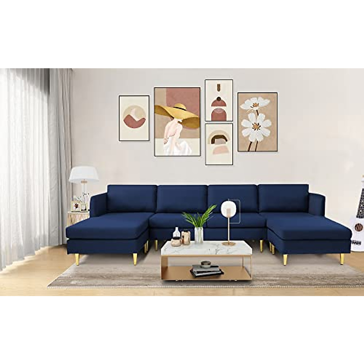 JULYFOX U Sectional Couch Sofa Blue, 122 inch Wide L Shaped Corner Sectional Couch with Chaise and Ottoman Mid Century Modern for Living Room