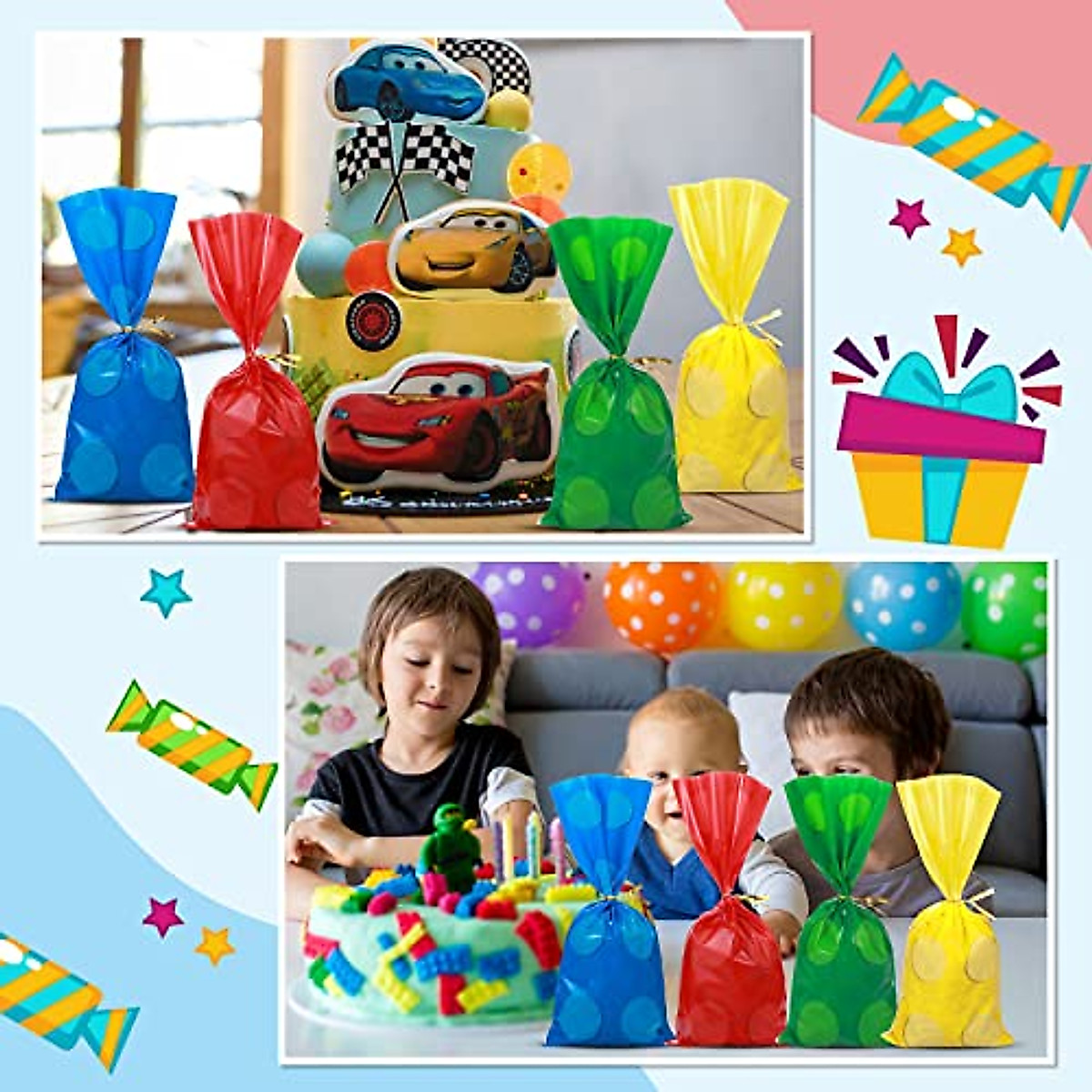 100 Pack Building Block Cellophane Treat Bags Treat Brick Themed Candy Bags Assorted Brick Cello Goodie Bags Thick Brick Gift Bags Cookie Brick Themed Bags with 100 Twist Ties for Party Supplies