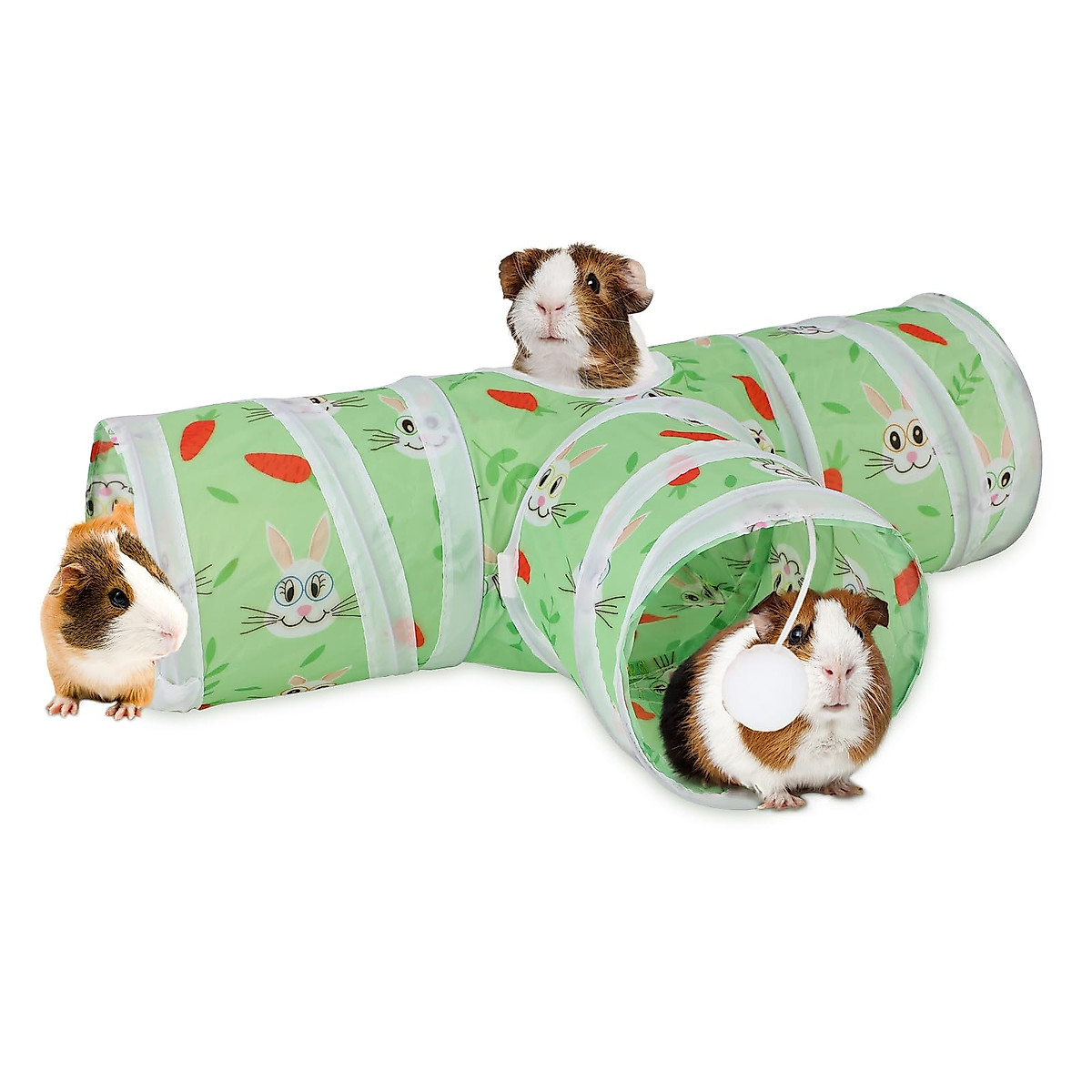 Rypet Guinea Pig Tunnel 3 Way Collapsible Small Pet Tunnels and Tubes with Interactive Ball for Baby Rabbit Ferret Hamster Chinchilla Hedgehog Hiding and Resting-Green