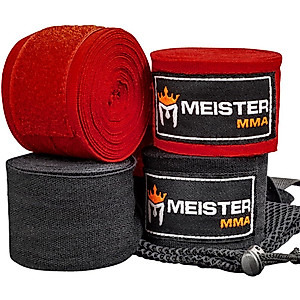 Meister Elite 180" Premium Adult Hand Wraps for MMA & Boxing - 2 Pair Pack w/Mesh Bag - Black/Blood Red