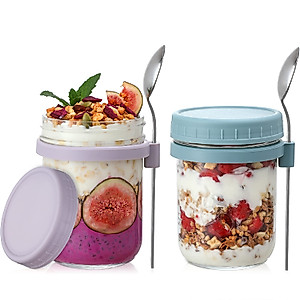 LANDNEOO 2 Pack Overnight Oats Containers with Lids and Spoons, 16 oz Glass Mason Jars for Overnight Oats, Large Capacity Airtight Jars for Milk, Cereal, Fruit (Blue+Purple)