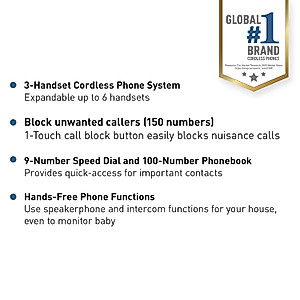 Panasonic Cordless Phone System, Expandable Home Phone with Call Blocking, Bilingual Caller ID and High-Contrast Display, 3 Handset - KX-TGD613B (Black)