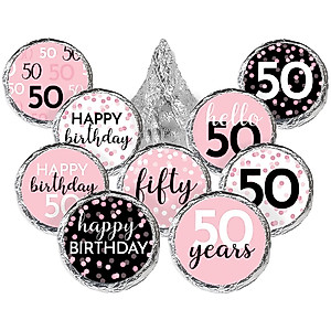 Pink, Black, and White 50th Birthday Party Favor Chocolate Kisses Candy Stickers - 180 Count