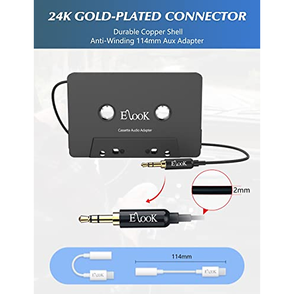 Elook 2023 Car Cassette Aux Adapter Kit, with Upgraded Smartphone to 3.5 mm Headphone Jack Adapter for Phone, MP3 ect. Black