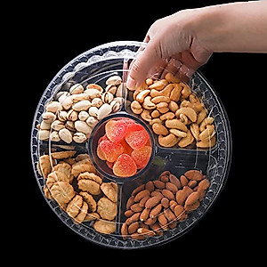 Lyellfe 30 Pack Plastic Appetizer Tray with Lid, Disposable Veggie Fruit Snack Tray with 5 Compartment, 9.5 Inch Heavy Duty Clear Round Food Container Platter for Salad, Nut, Olive, Party