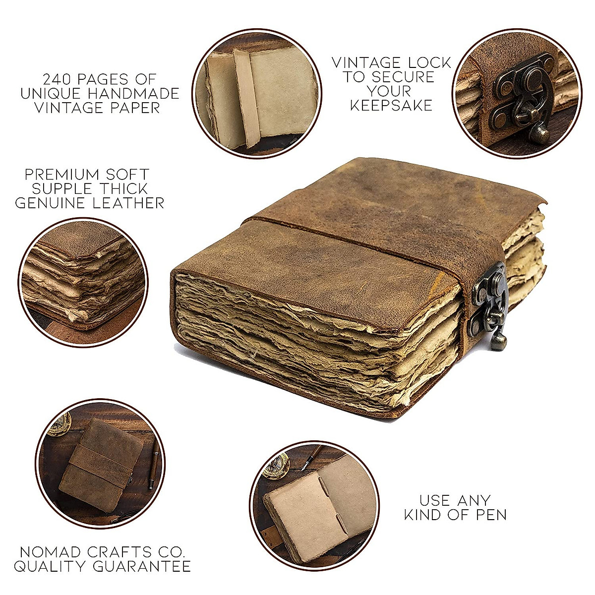 NomadCraftsCo. Vintage Leather Journal - Lock Closure, Book of Shadows Journal, Grimoire Journal, Witch Journal, Vintage Journal 240 pages Antique Deckle Edge Paper