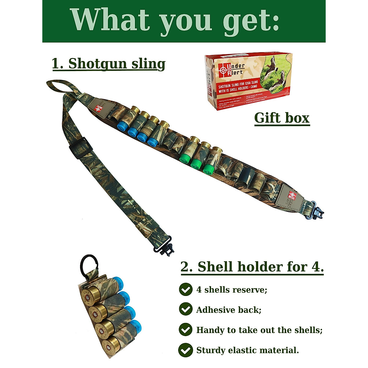 Underalert Shotgun Sling 12 Gauge with 15 Shell Holders, Adjustable Gun Sling with Thumb Loop and Built-in Swivels, 12ga Shotgun Strap for Hunting Turkeys, 2 Point Shot Gun Bandolier (Waterfowl Camo)